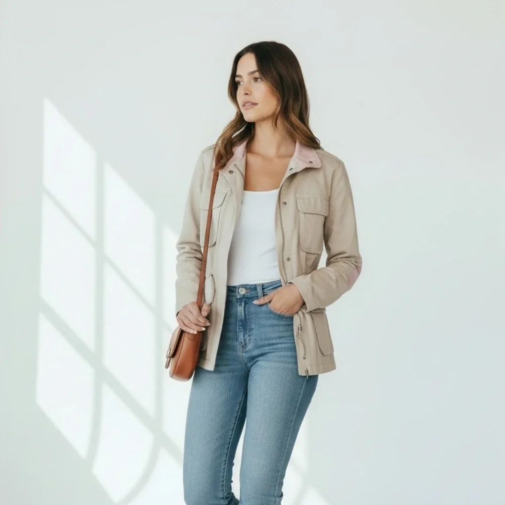 Love Tree | Jackets & Coats | Love Tree Beige Utility Jacket With Pink ...